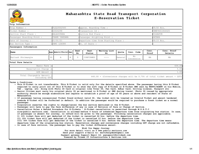 MSRTC - Online Reservation System | PDF | Identity Document | Ticket ...