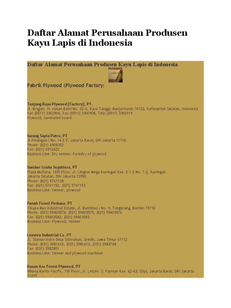 Daftar Alamat Perusahaan Produsen Kayu Lapis Di Indonesia | PDF | Bisnis