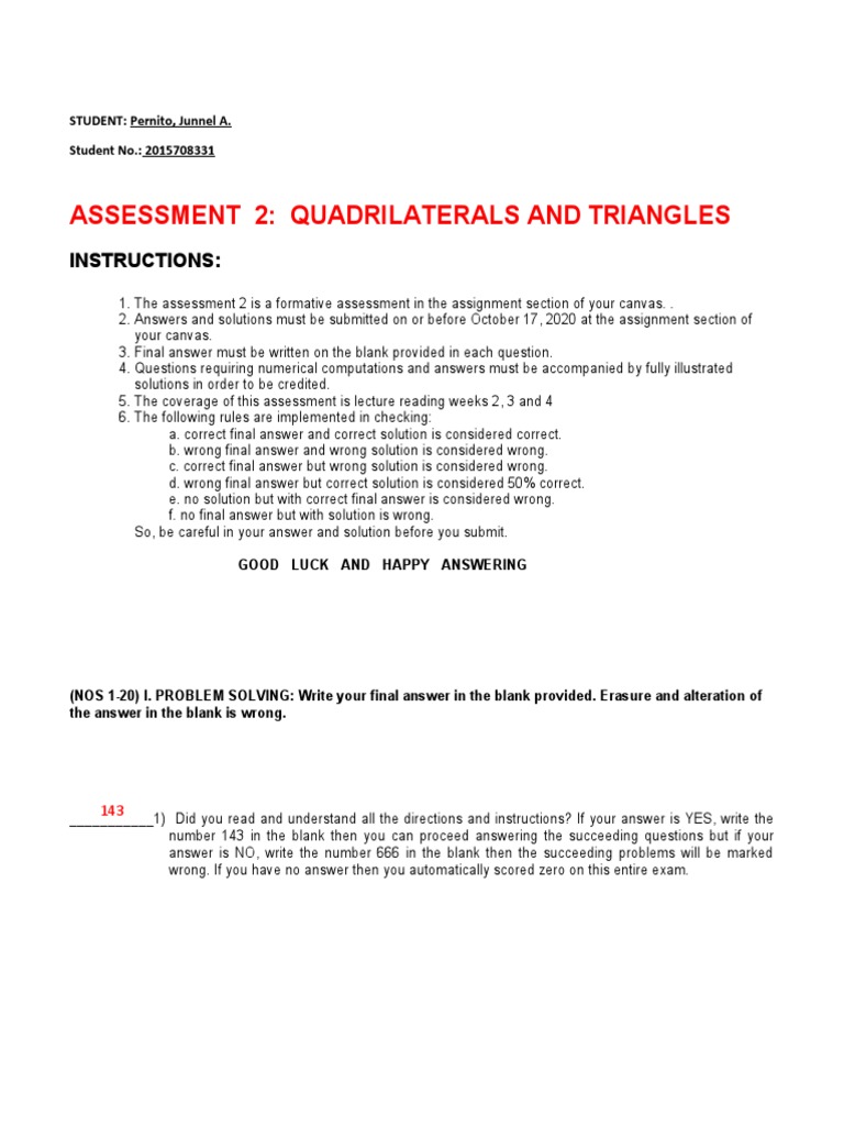 Assessment 2: Quadrilaterals and Triangles: Instructions | PDF | Area ...