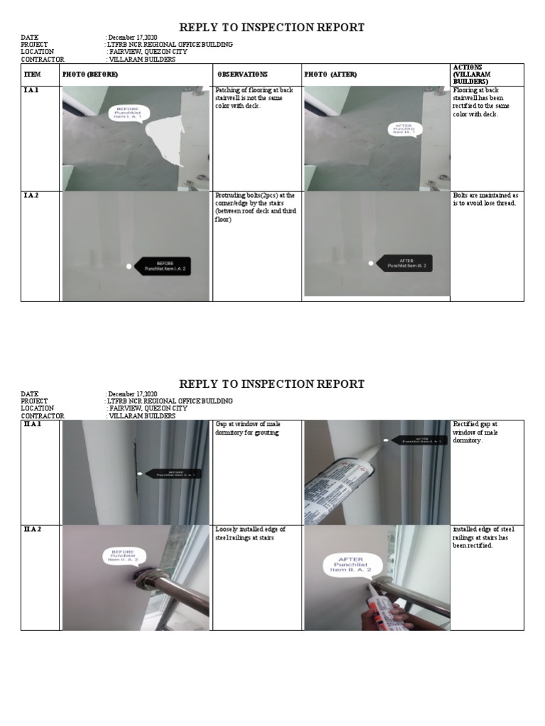 Reply To Inspection Report: Item Photo (Before) Observations Photo ...