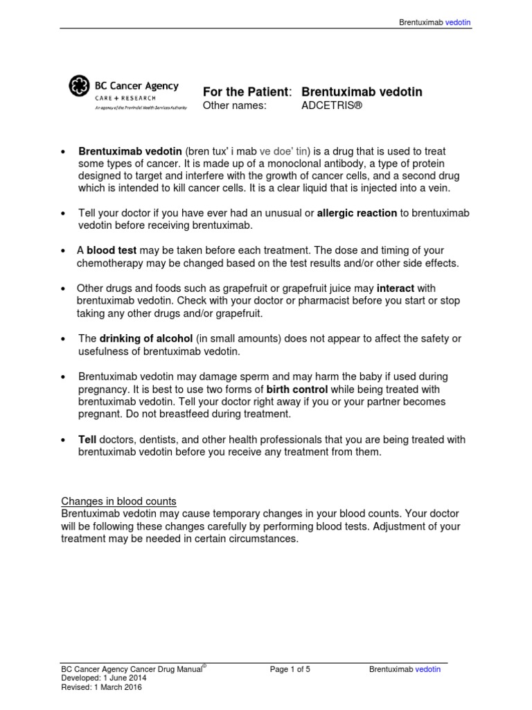 Brentuximab Vedotin - Handout - 1mar2016 PDF | PDF | Chemotherapy | Nausea