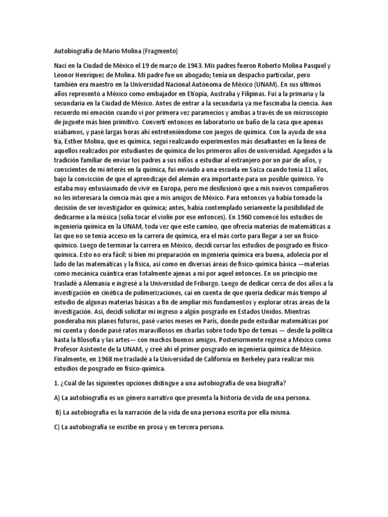 Autobiografía de Mario Molina | PDF | Autobiografías | Química Física