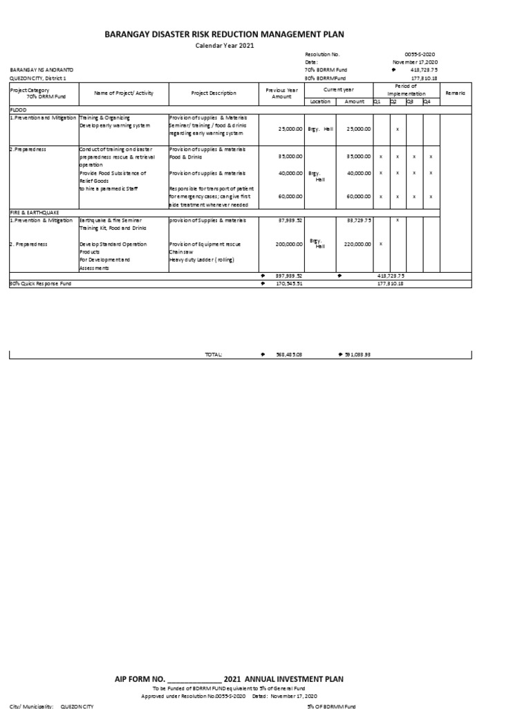 Barangay Disaster Risk Reduction Management Plan: Calendar Year 2021 ...