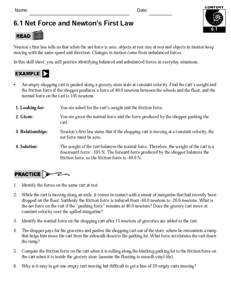 Net Force & Newton's 1st Law FPS 6-1 Skill Sheet PDF | PDF | Force ...