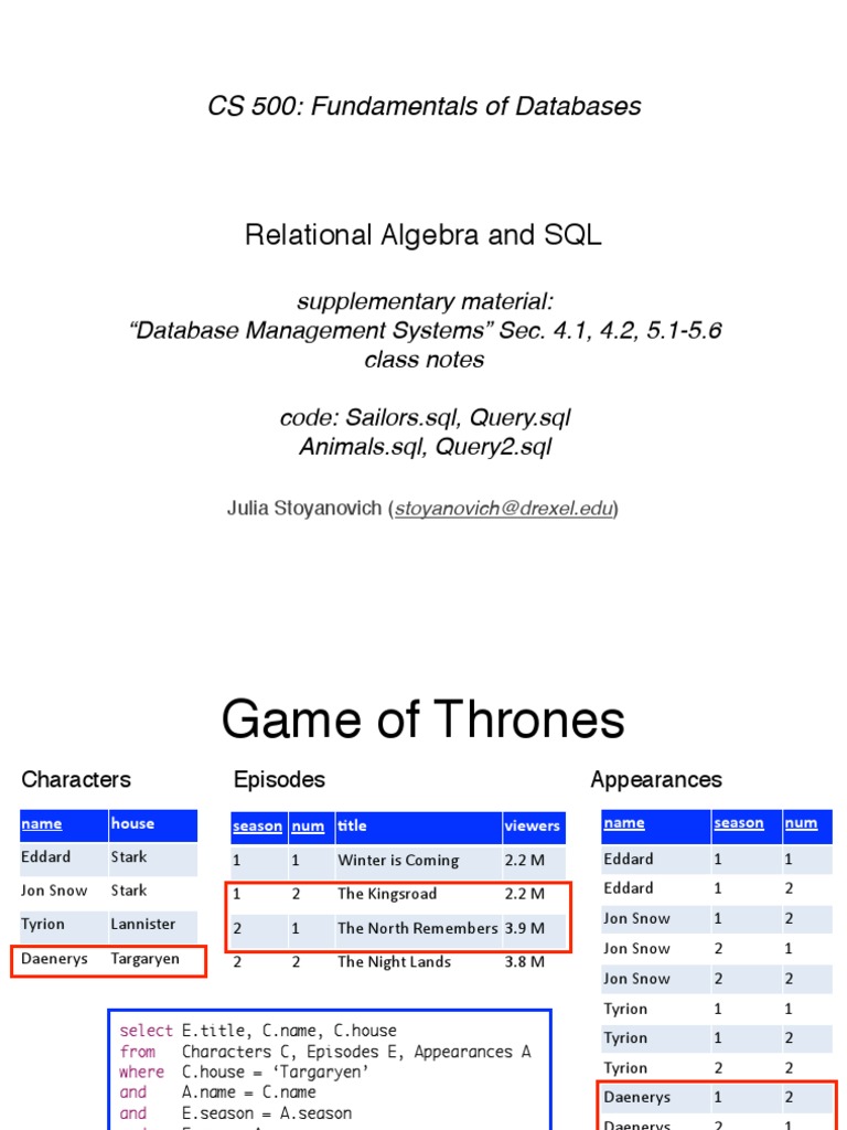 Relational Algebra and SQL: CS 500: Fundamentals of Databases | PDF | Relational Model | Data Model