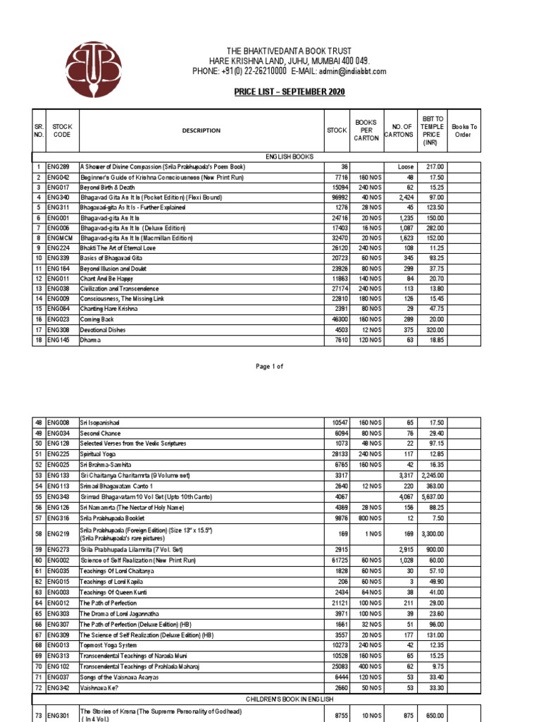 BBT To Temple Price List Sep 20 | PDF | Bhagavata Purana | Religious Books