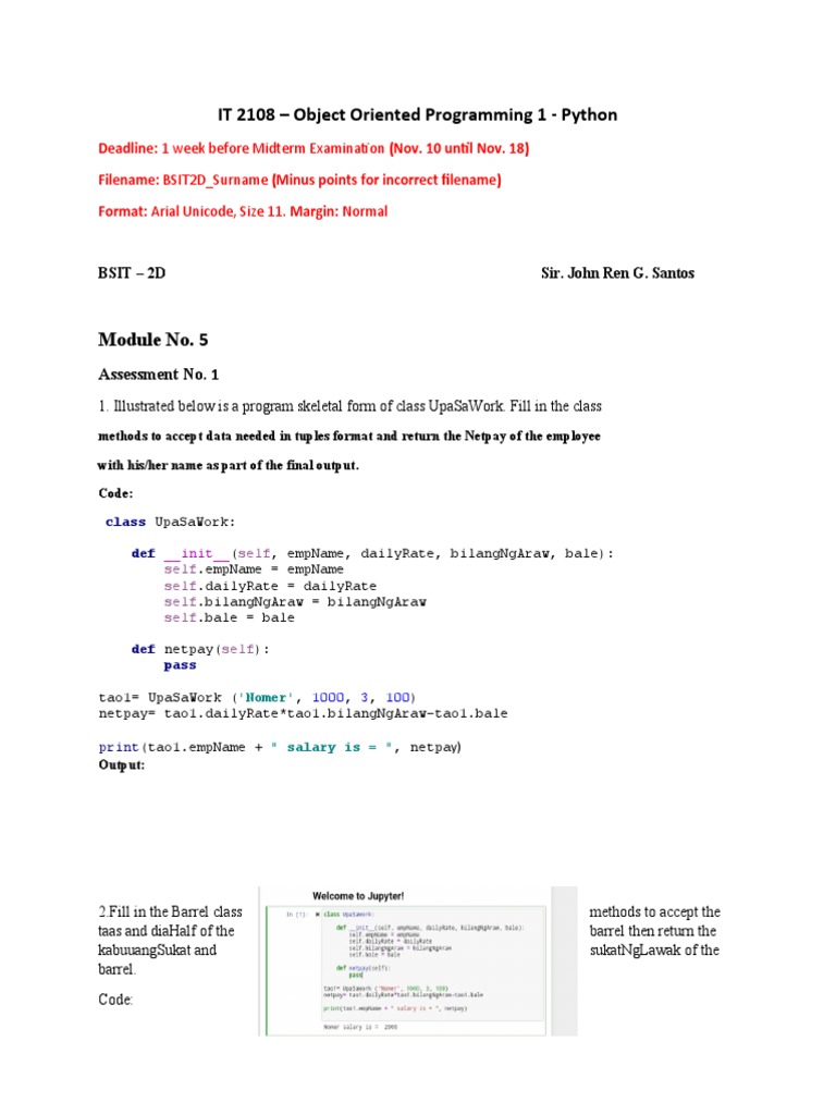 IT 2108 - Object Oriented Programming 1 - Python: Assessment No. 1 | PDF | Software Development ...
