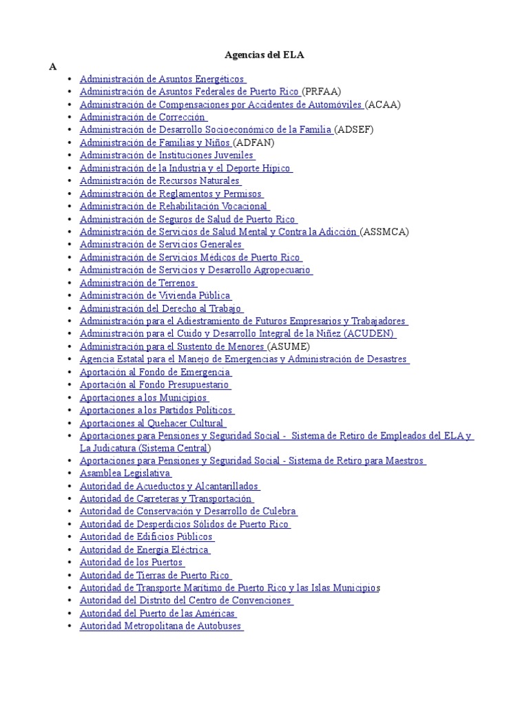 Lista de Agencias Gubernamentales Del ELA | Puerto Rico | Turismo
