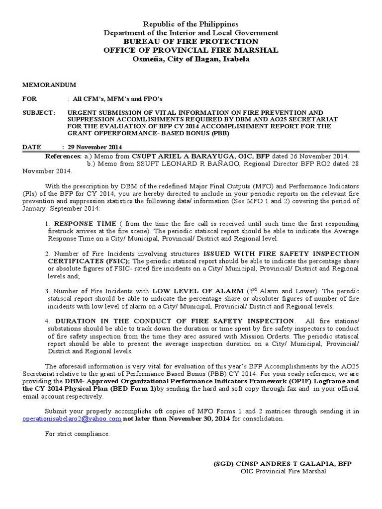 Memo PBB Provincial | PDF | Fire Safety | Inspector