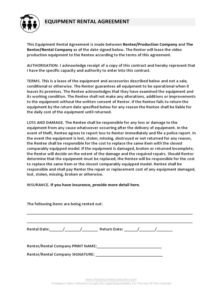 Equipment Rental Agreement Form Template
