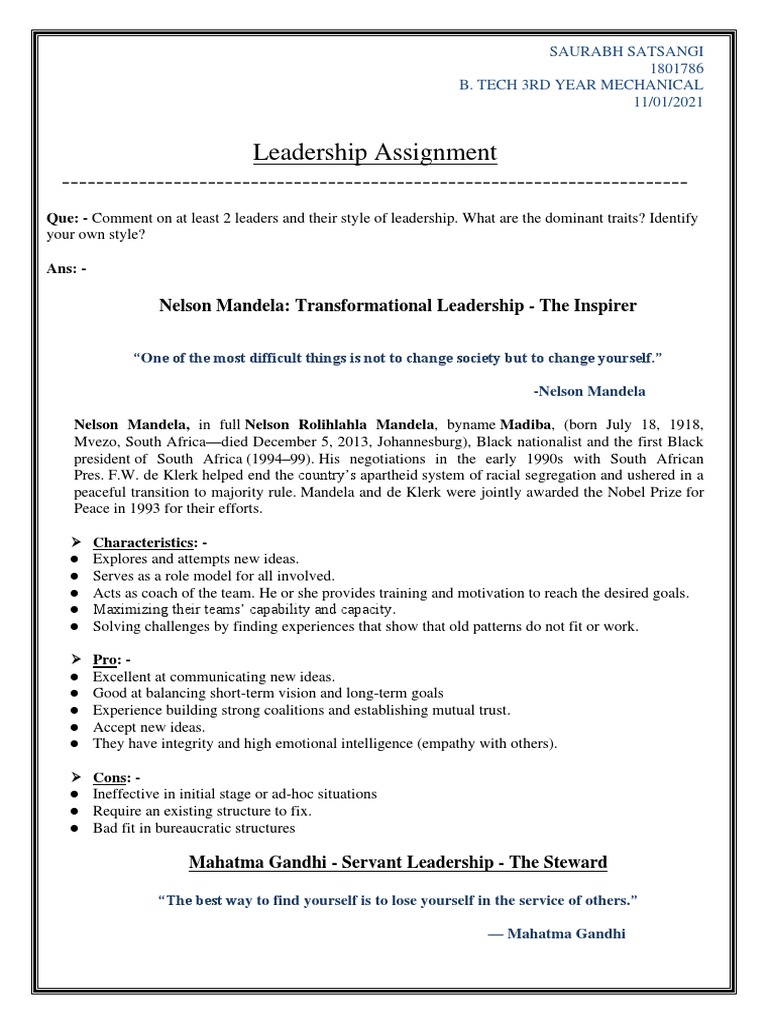 Leadership Assignment: Nelson Mandela: Transformational Leadership ...