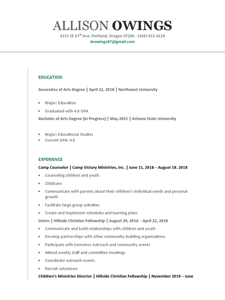 Education and Experience Summary of Allison Owings | PDF