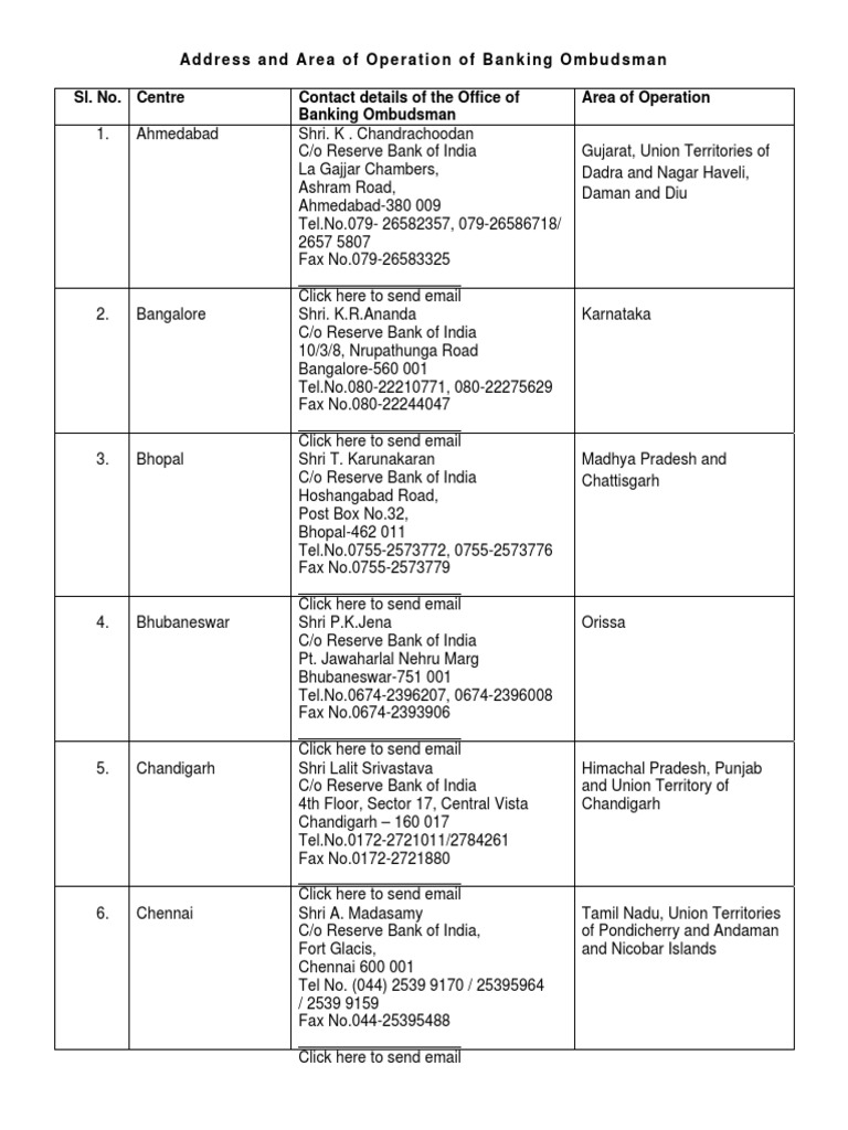 Banking Ombudsman Contact Details | PDF | Asia | South Asia