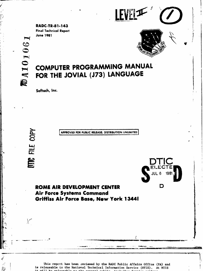 Computer Programming Manual For The JOVIAL (J73) Language (1981) AD ...