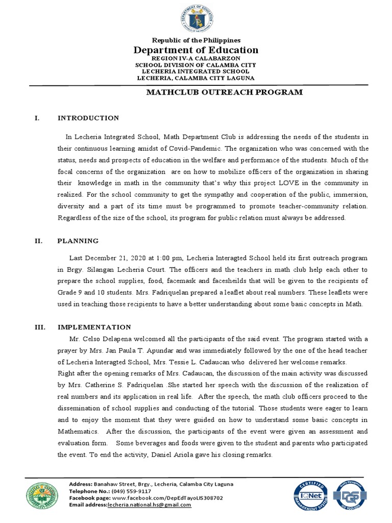 Accomplishment Report - First Outreach Math Club Program | PDF | Human ...