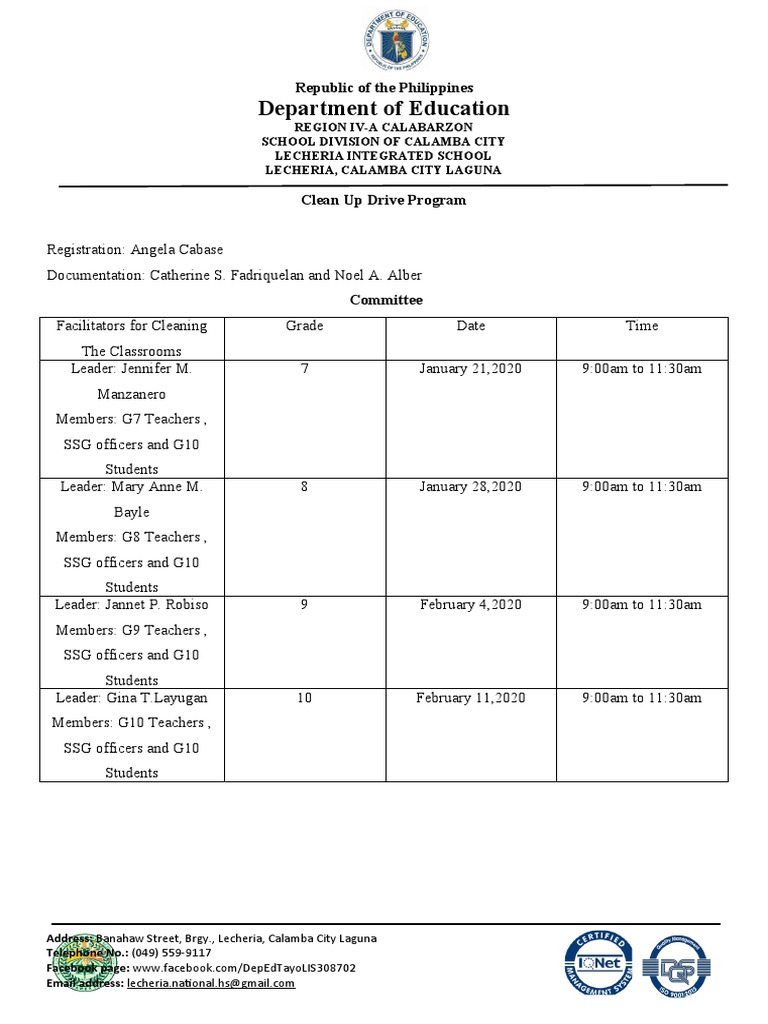 Lecheria Integrated School Implements Monthly Clean Up Drives to Keep ...