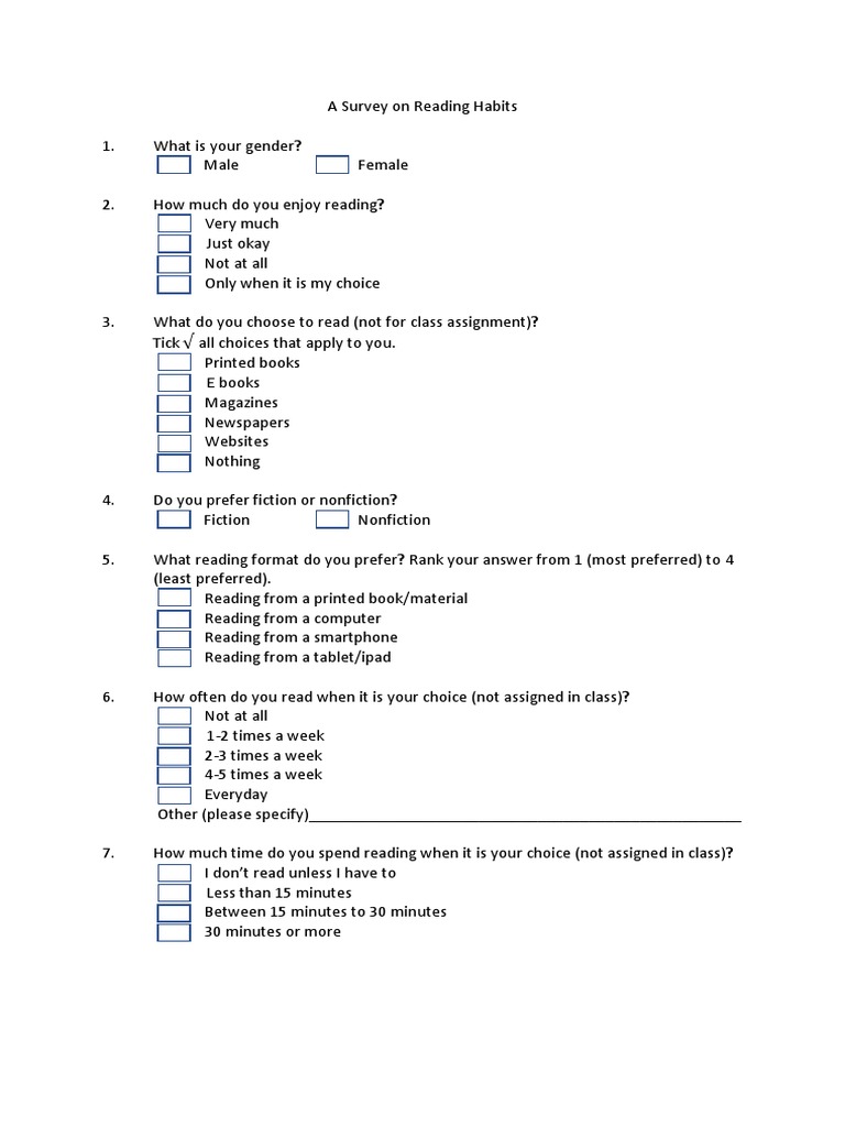 GEC1033 Reading Habits Questionnaire WK 16 | PDF