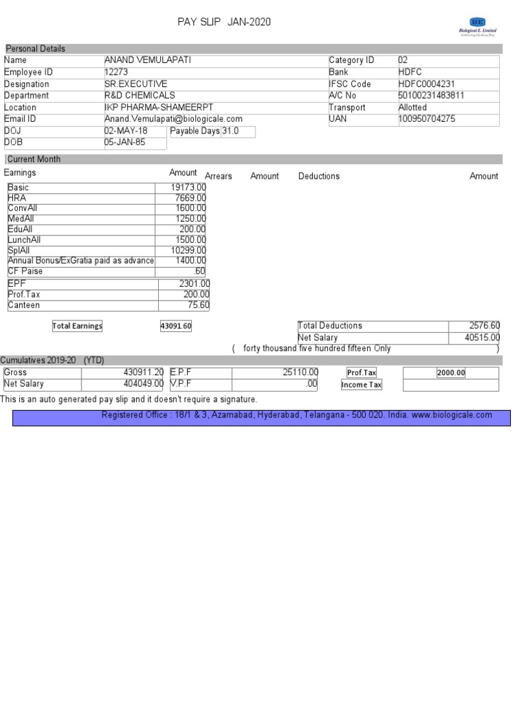 Pay Slip Jan-2020 | PDF | Policy | Economies