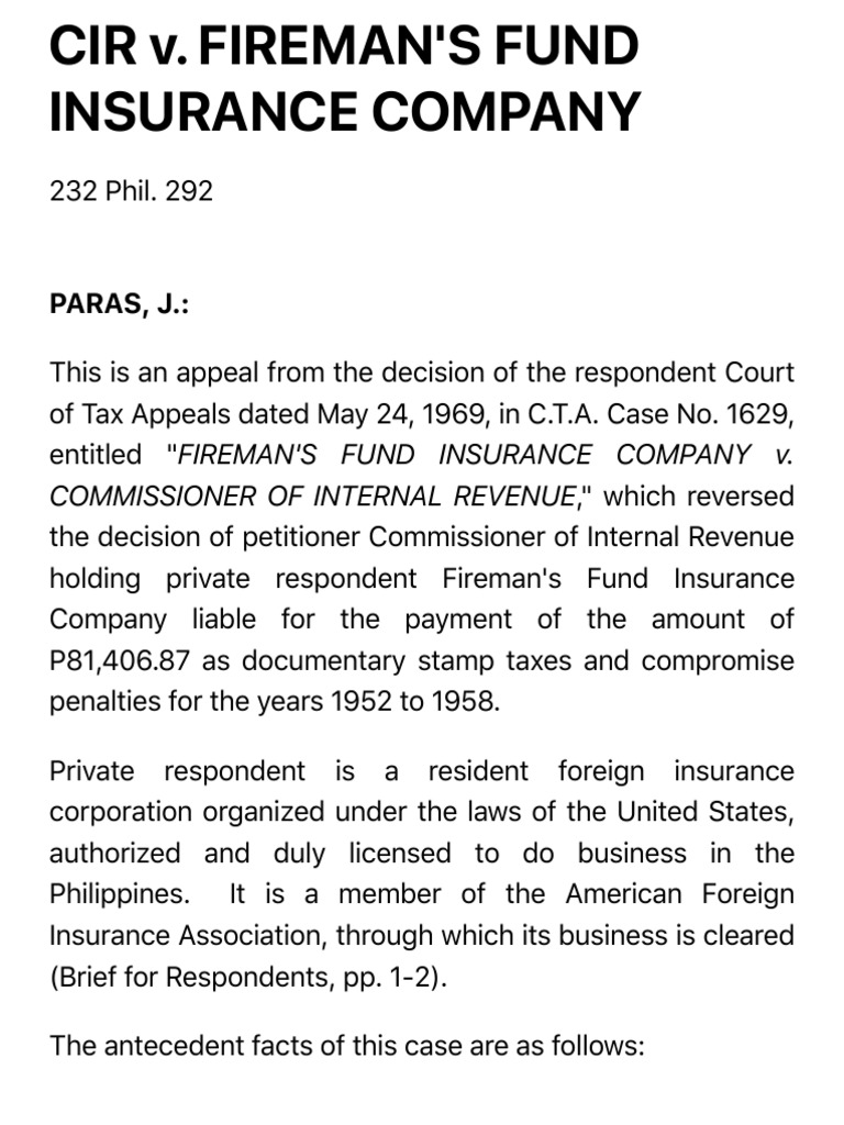 CIR v. FIREMAN'S FUND INSURANCE COMPANY PDF | Download Free PDF ...