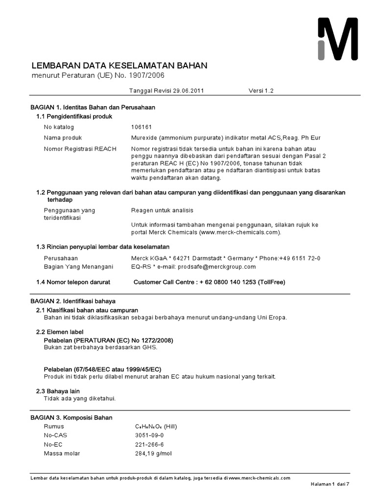 Lembaran Data Keselamatan Bahan: Menurut Peraturan (UE) No. 1907/2006 | PDF