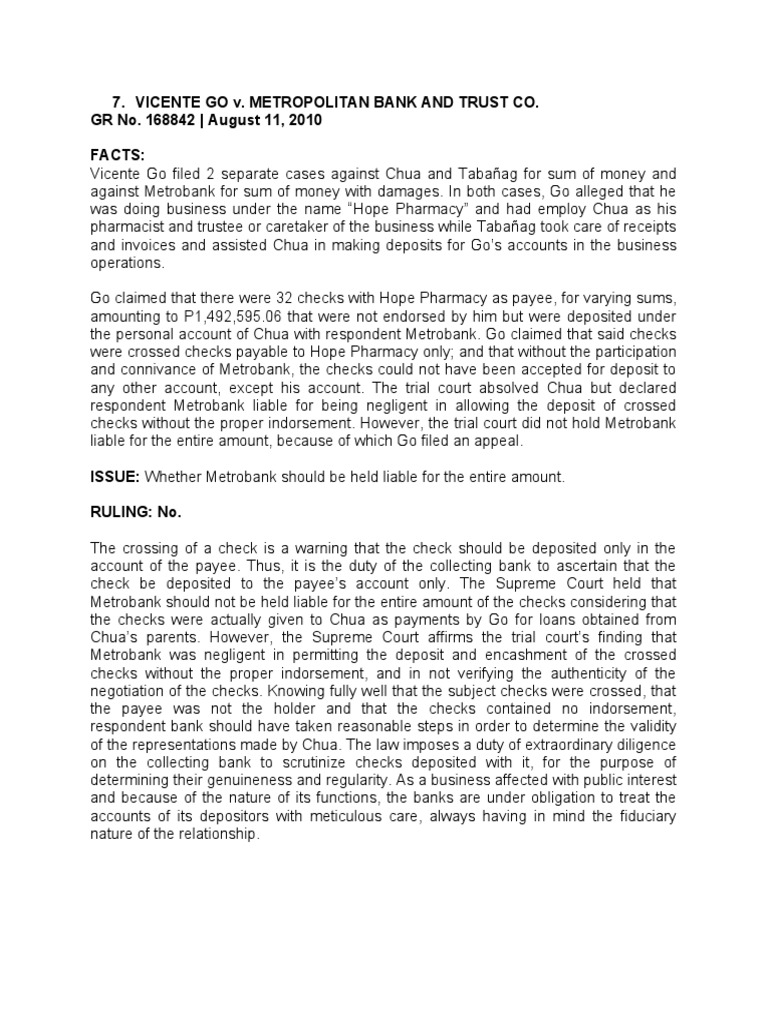 Go V Metrobank | PDF | Cheque | Payments