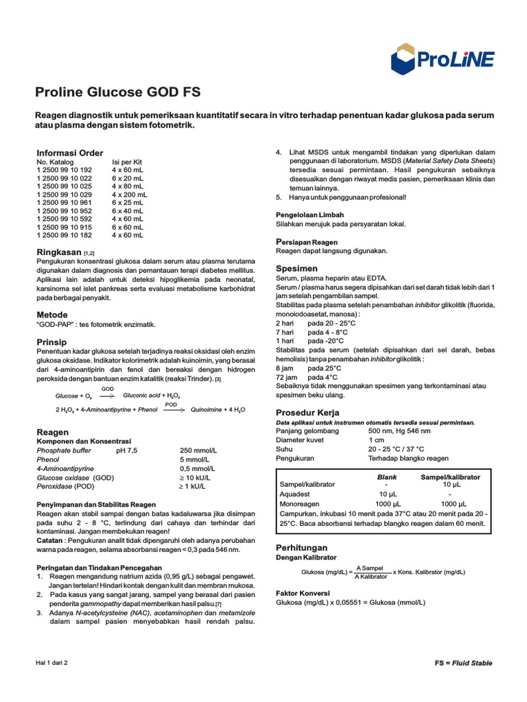 Profil Reagen Diagnostik Glukosa Serum/Plasma Berbasis GOD-PAP | PDF