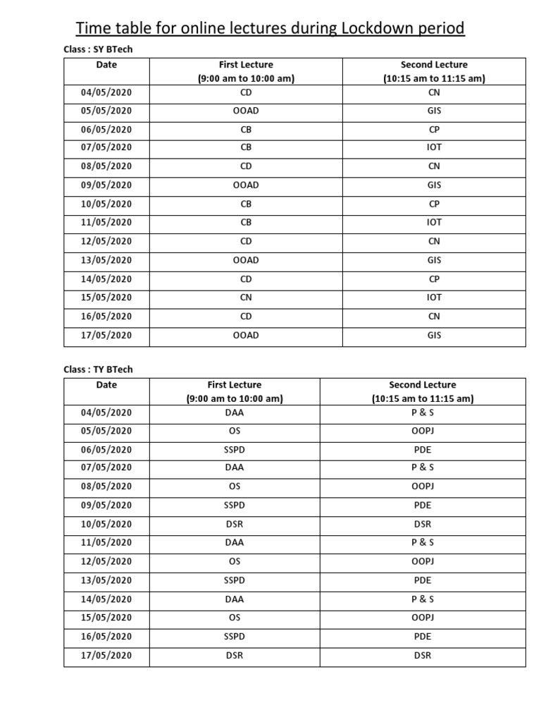 CSE Online Lecture Time Table | PDF
