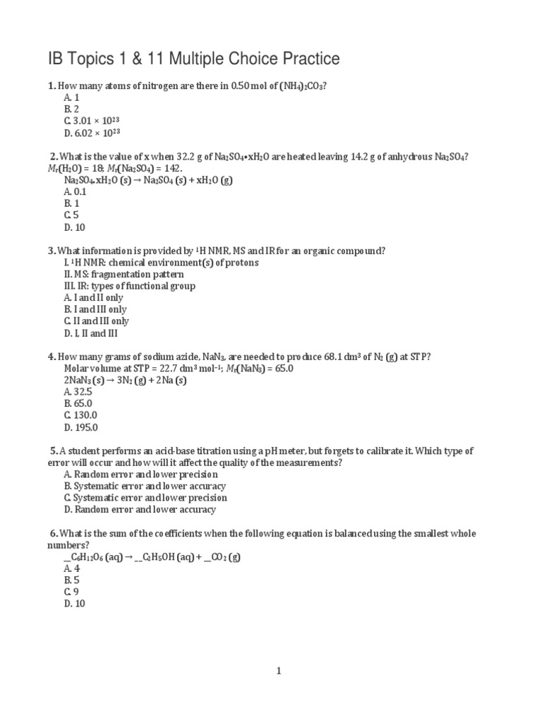 Topic 1 11 MC Practice | PDF | Mole (Unit) | Molecules