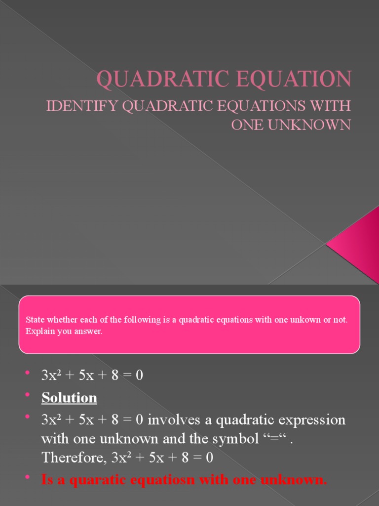 Quadratic Equation: Identify Quadratic Equations With One Unknown | PDF ...