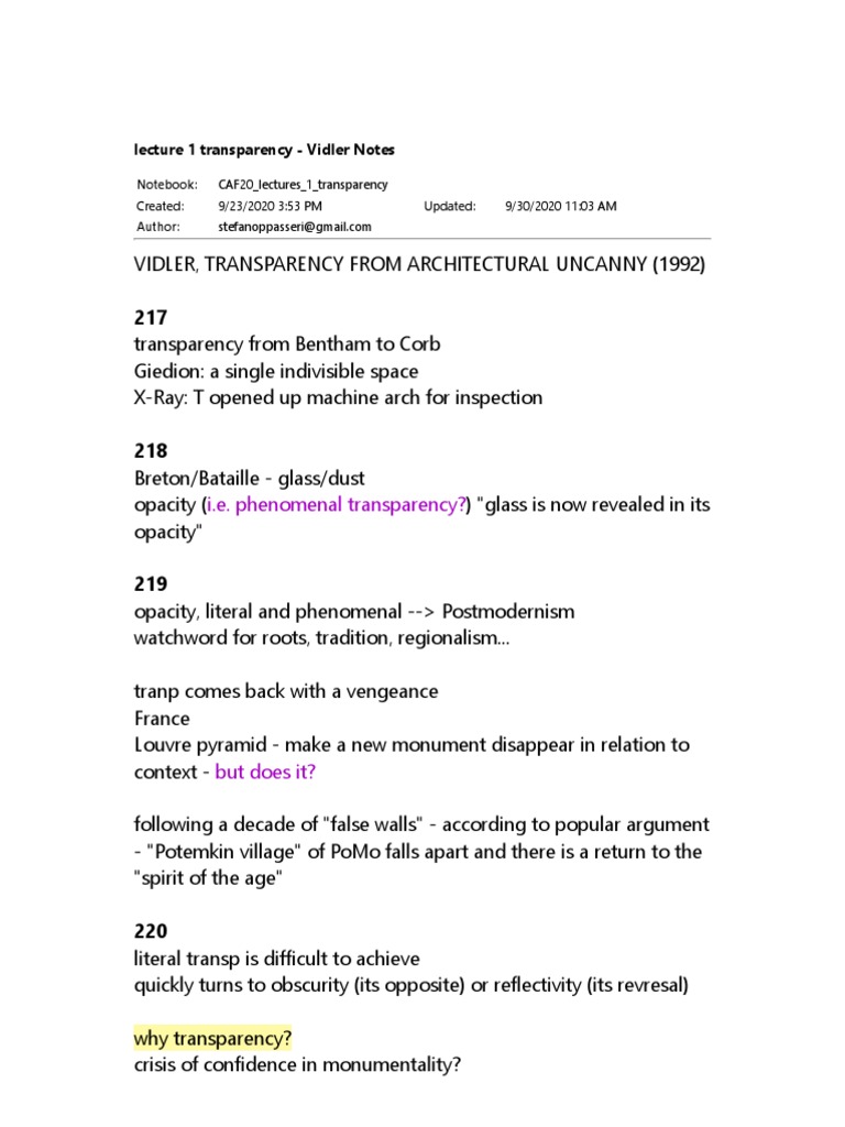 I.E. Phenomenal Transparency?: Lecture 1 Transparency - Vidler Notes | PDF