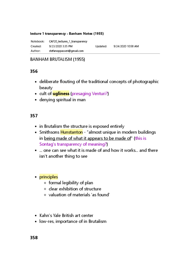 Presaging Venturi?: Lecture 1 Transparency - Banham Notes (1955) | PDF