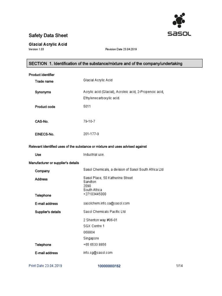 3a8a0c56-4d49 - ZA - Glacial Acrylic Acid - EN-ID | PDF | Occupational ...