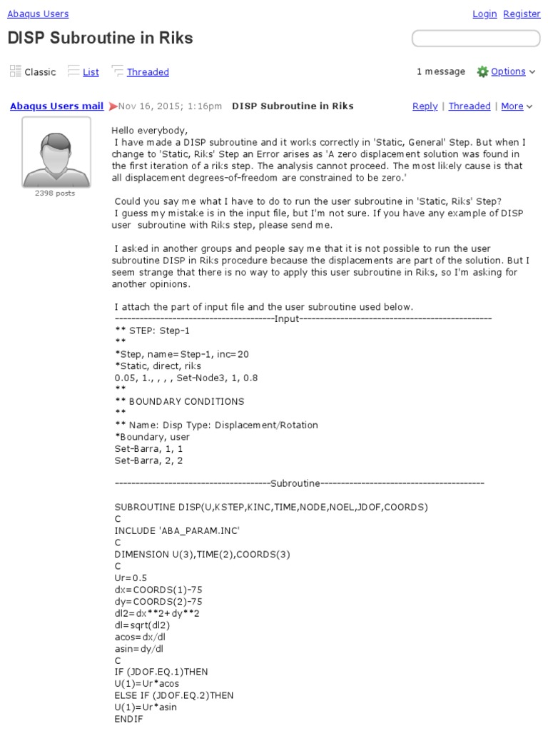 Abaqus Users Disp Subroutine In Riks Pdf Computer Engineering Computer Programming