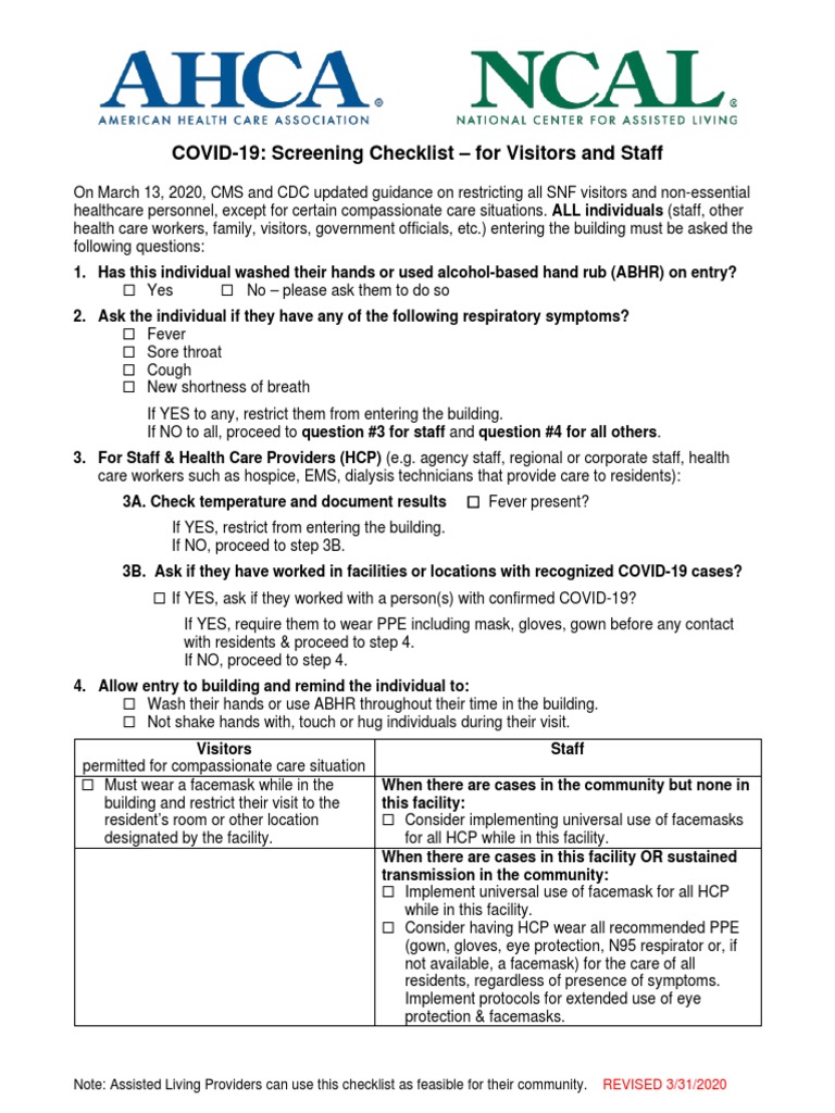 COVID19 Screening Checklist SNF Visitors | PDF | Personal Protective ...