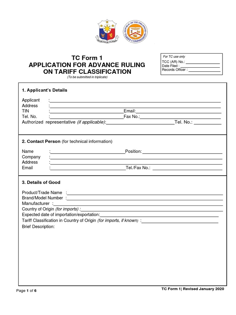 Application for Advance Tariff Classification Ruling: Document and Form ...