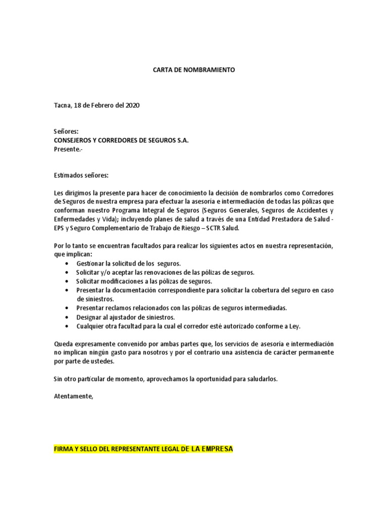 Carta de Nombramiento Persona Juridica V2 | PDF | Póliza de seguros | Seguro