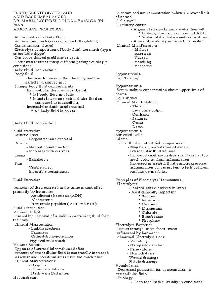 Fluid, Electrolyte and Acid-Base Imbalances: Causes, Clinical ...