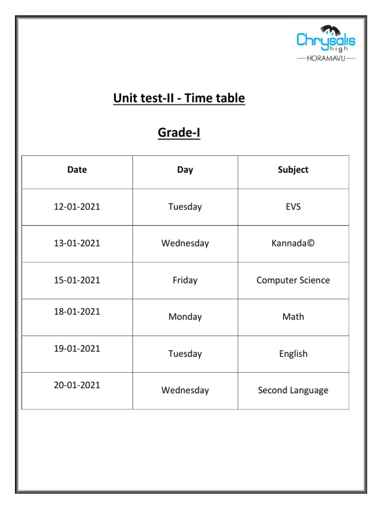 Unit test-II - Time Table Grade-I: Date Day Subject | PDF | Test ...