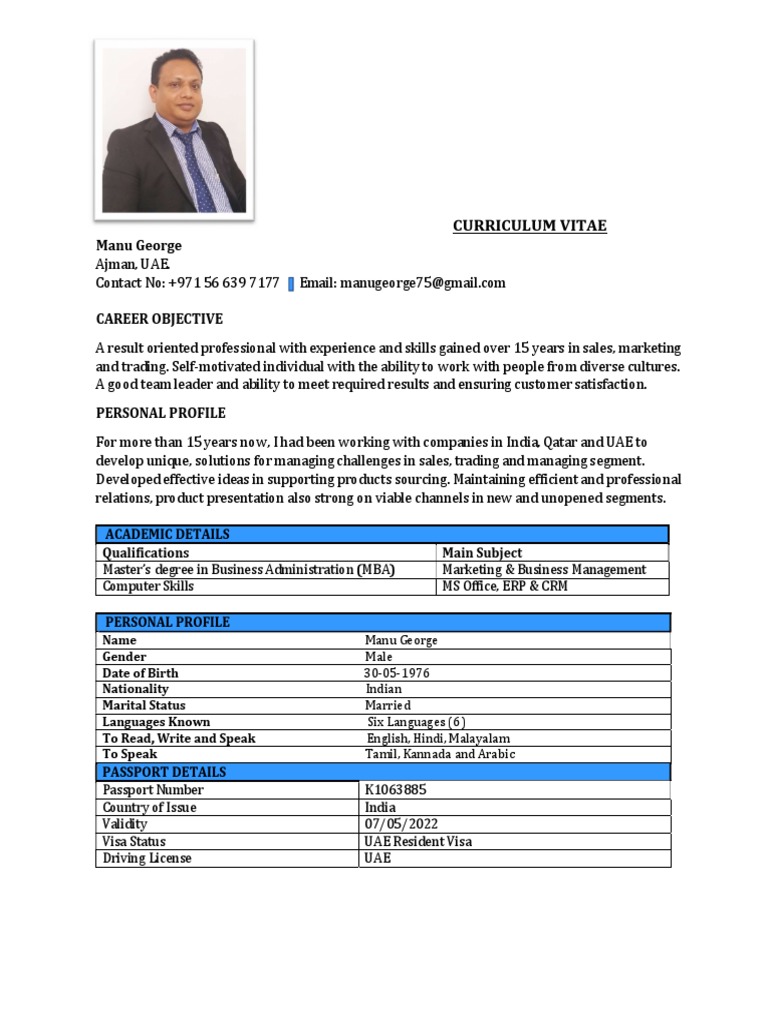 Manu George Resume | PDF | United Arab Emirates | Master Of Business ...