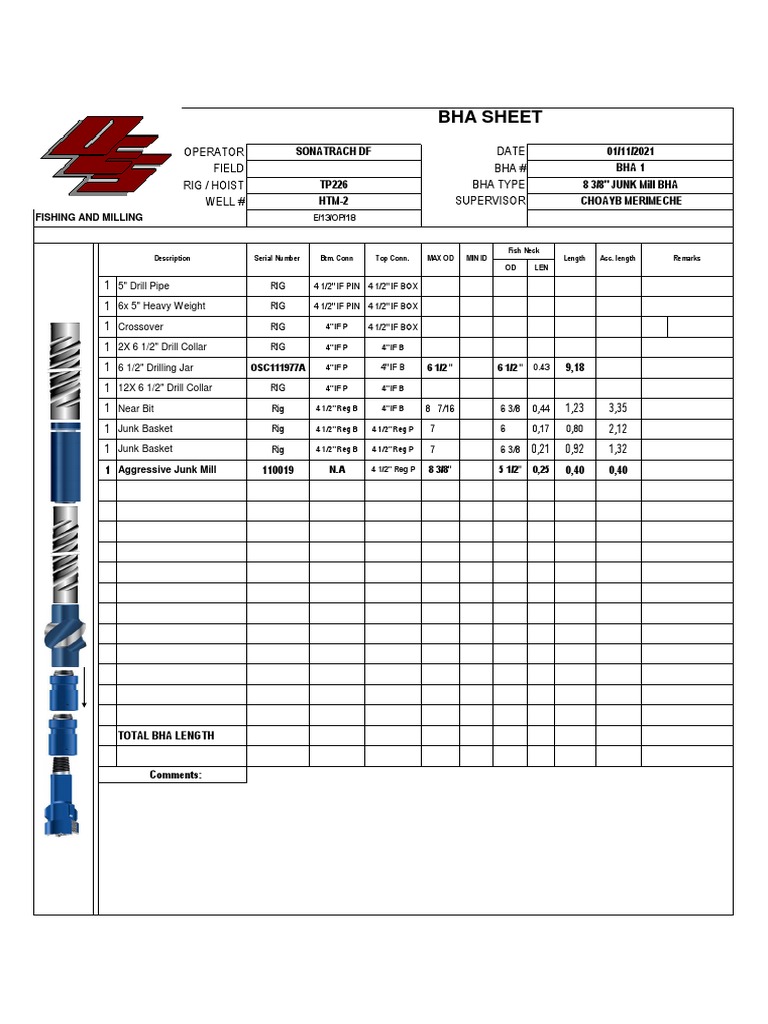 Bha Sheet: Operator Field Rig / Hoist Well # Date Bha # Bha Type Supervisor | PDF