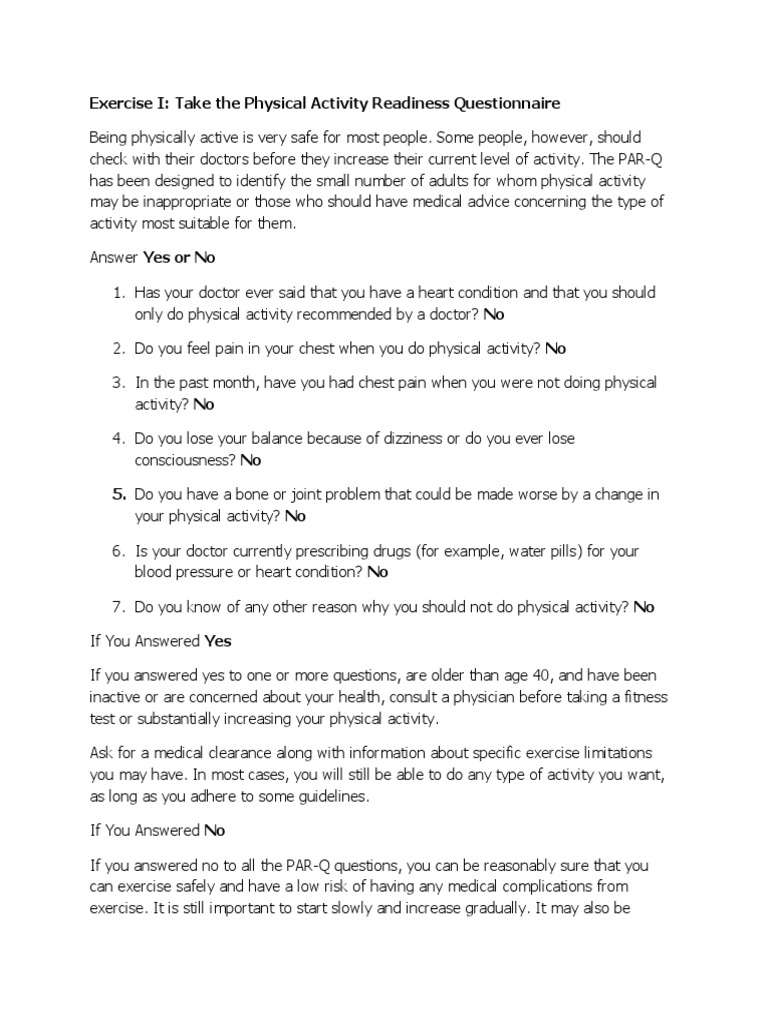 Physical Activity Readiness Questionnaire | PDF