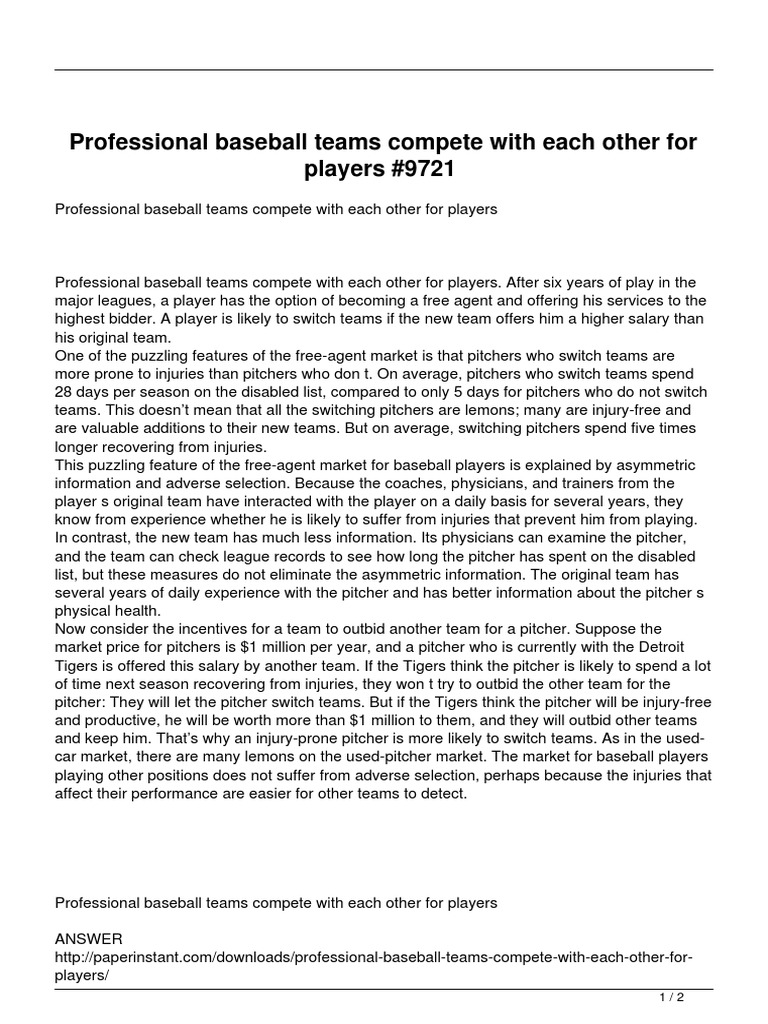 Professional Baseball Teams Compete With Each Other For Players | PDF ...