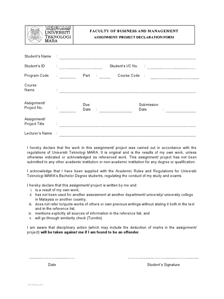 Assignment Project Declaration Form | PDF