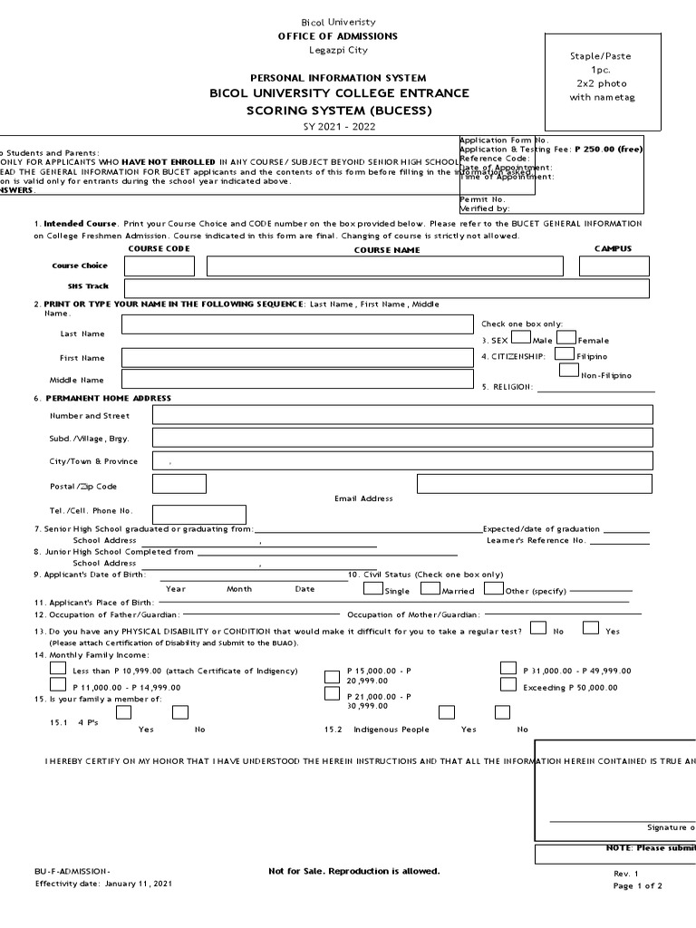 Bicol University College Entrance Application Form | PDF | University ...