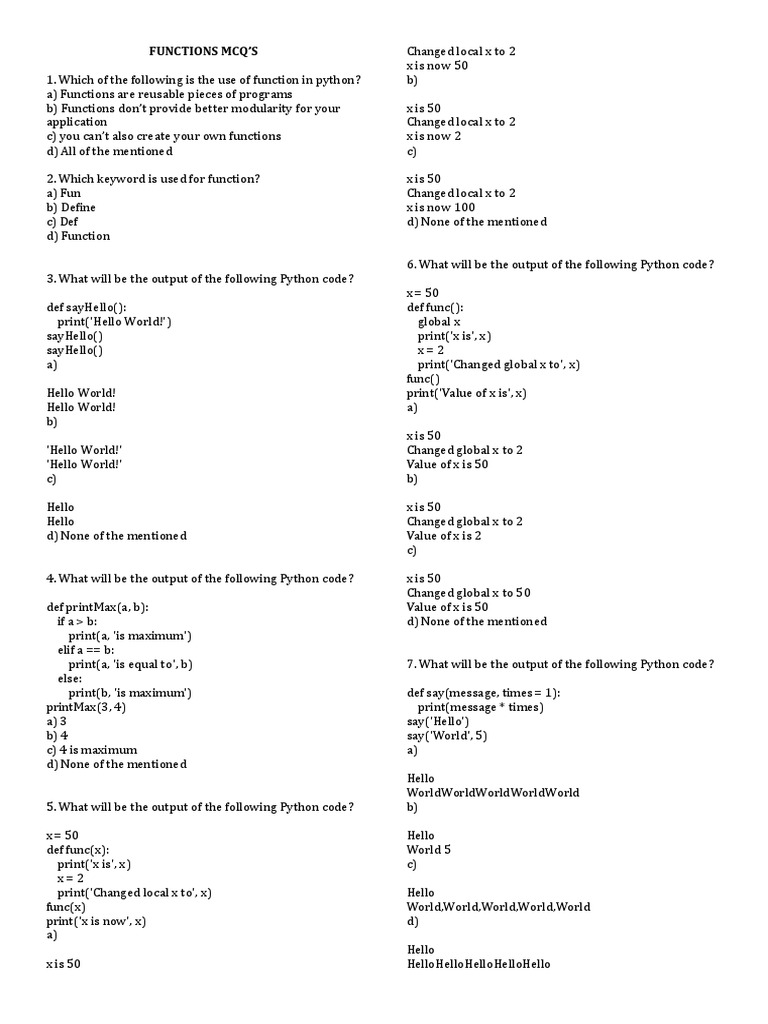 Functions MCQ | PDF | Python (Programming Language) | Computer Engineering