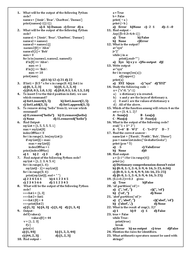 Analyzing Python Code Snippets: Exploring Outputs of Various List, String, and Dictionary ...