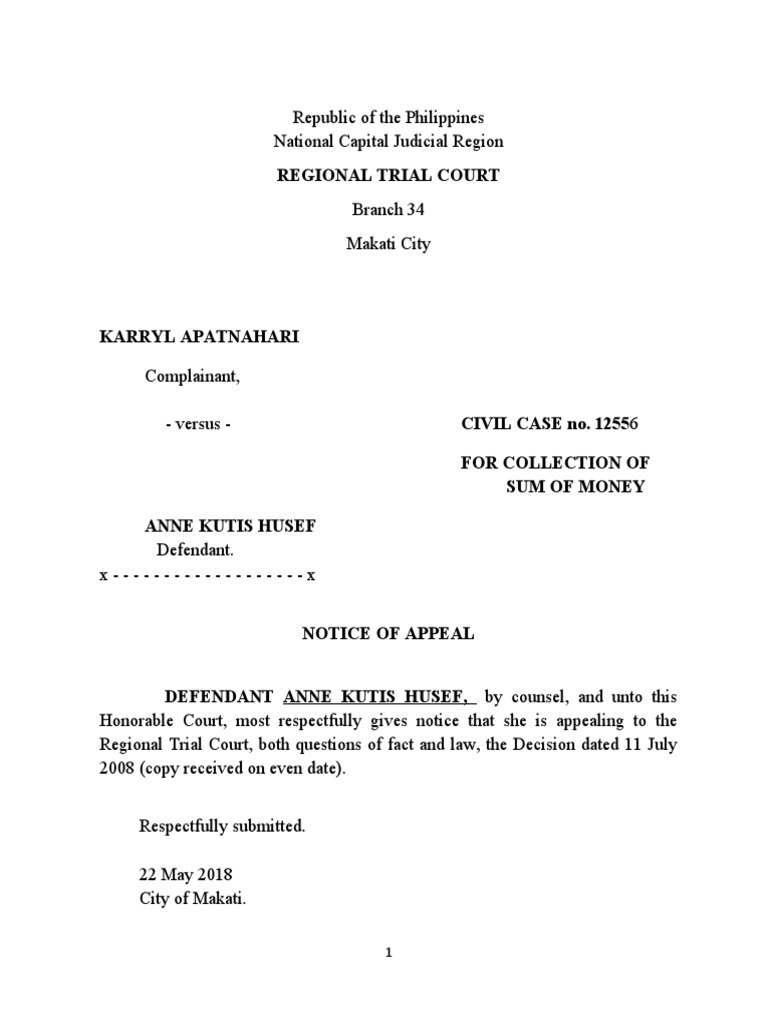 Notice of Appeal in Civil Case 12556 | PDF | Law