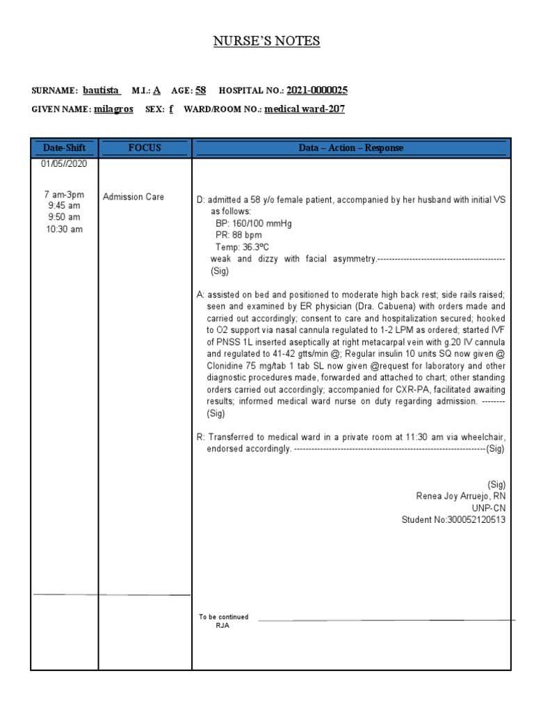 Nurse'S Notes: Bautista A 58 2021-0000025 Milagros F Medical Ward-207 ...