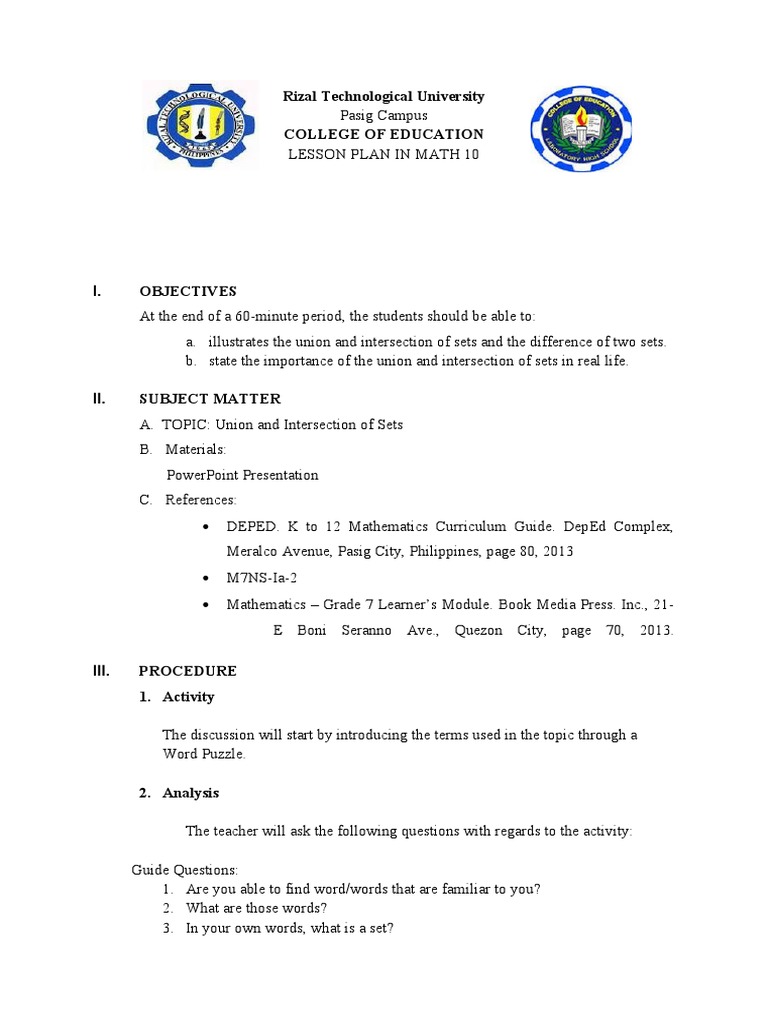 Lesson Plan Union and Intersection of Sets | PDF | Teaching Mathematics ...