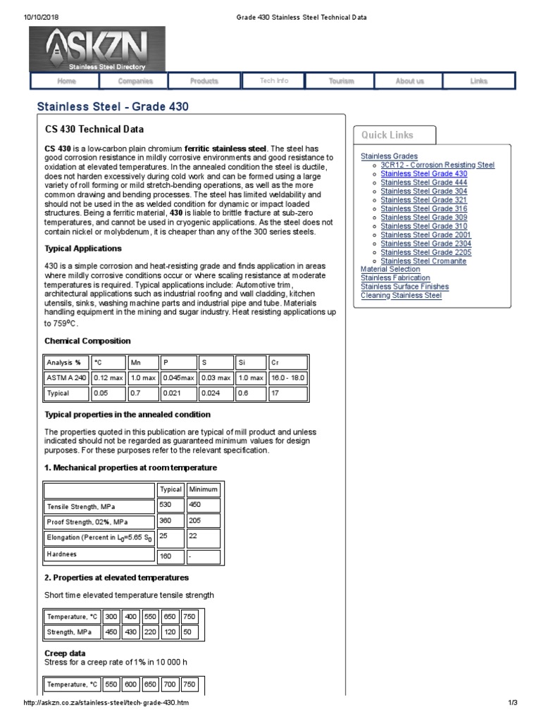 Grade 430 Stainless Steel Technical Data | PDF | Stainless Steel ...
